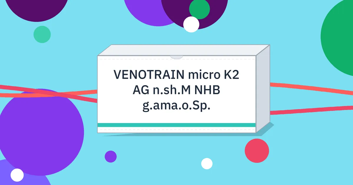 Symbolbild: Packung mit der Aufschrift VENOTRAIN micro K2 AG n.sh.M NHB g.ama.o.Sp. (PZN 05999853) – Verfügbarkeit und Bezug in Apotheken in Frankfurt am Main