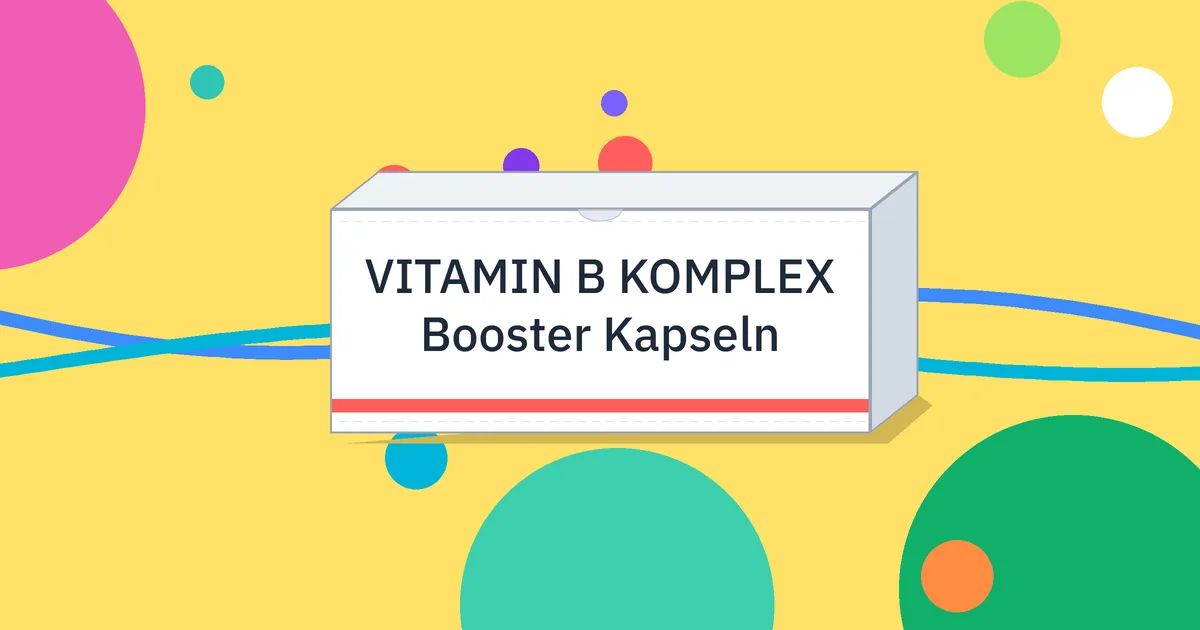 Symbolbild: Packung mit der Aufschrift VITAMIN B KOMPLEX Booster Kapseln (PZN 11640211) – Verfügbarkeit und Bezug in Apotheken in Frankfurt am Main