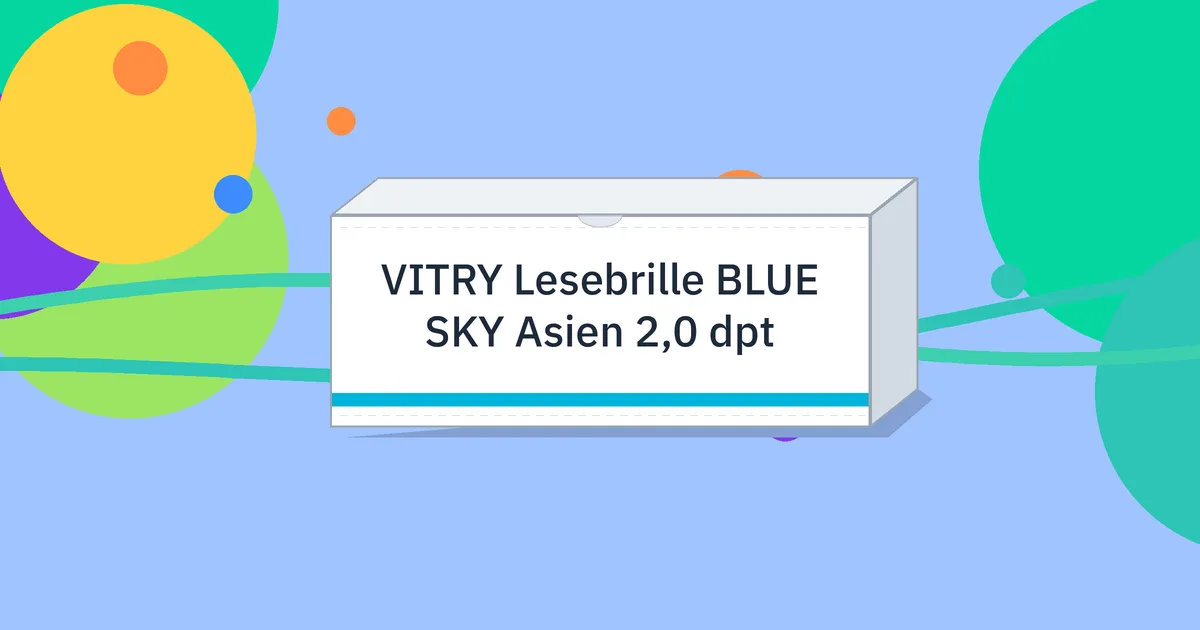 Symbolbild: Packung mit der Aufschrift VITRY Lesebrille BLUE SKY Asien 2,0 dpt (PZN 13572465) – Verfügbarkeit und Bezug in Apotheken in Frankfurt am Main