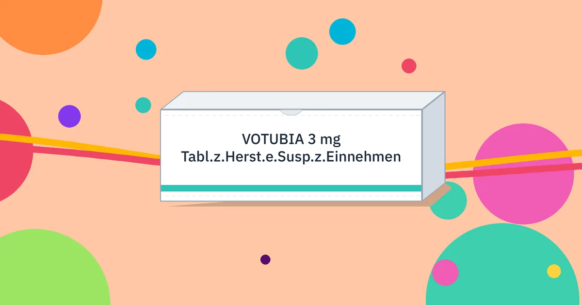 Symbolbild: Packung mit der Aufschrift VOTUBIA 3 mg Tabl.z.Herst.e.Susp.z.Einnehmen (PZN 18116163) – Verfügbarkeit und Bezug in Apotheken in Frankfurt am Main