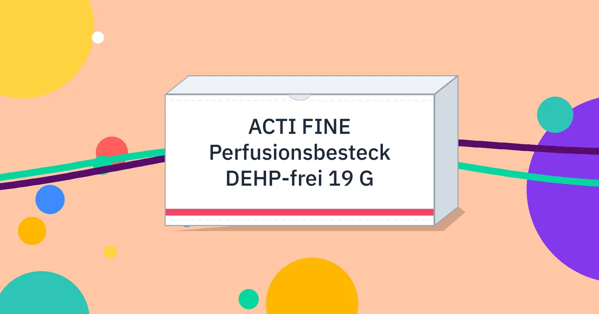Symbolbild: Packung mit der Aufschrift ACTI FINE Perfusionsbesteck DEHP-frei 19 G (PZN 10843515) – Verfügbarkeit und Bezug in Apotheken in Frankfurt am Main