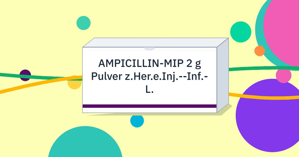 Symbolbild: Packung mit der Aufschrift AMPICILLIN-MIP 2 g Pulver z.Her.e.Inj.--Inf.-L. (PZN 19266321) – Verfügbarkeit und Bezug in Apotheken in Frankfurt am Main