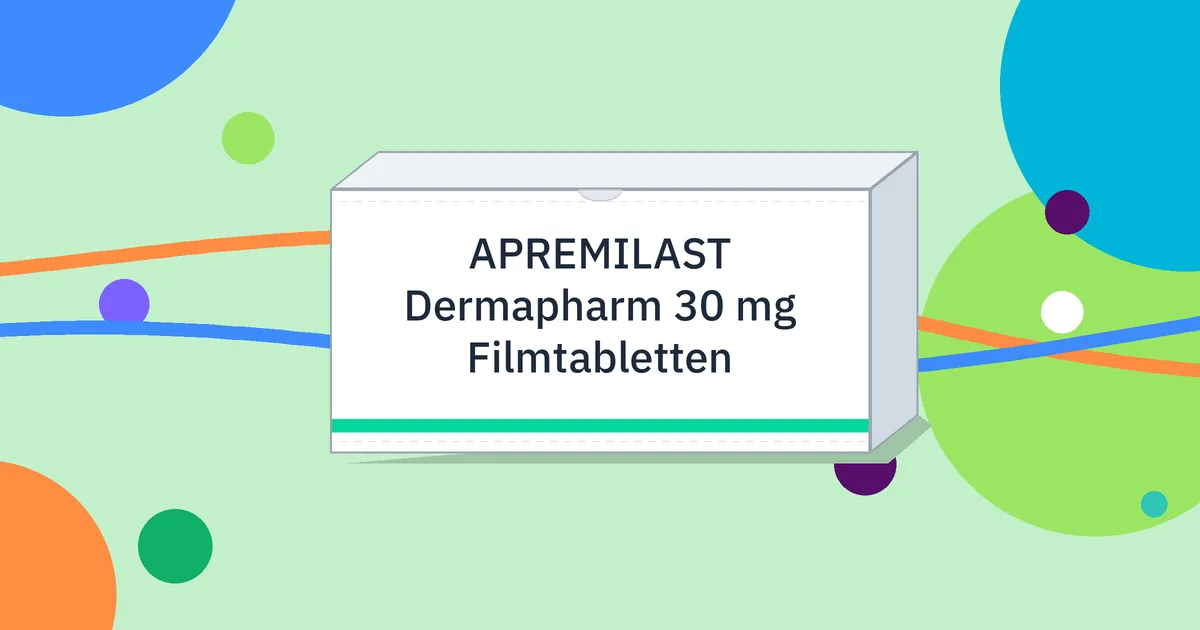 Symbolbild: Packung mit der Aufschrift APREMILAST Dermapharm 30 mg Filmtabletten (PZN 20044198) – Verfügbarkeit und Bezug in Apotheken in Frankfurt am Main
