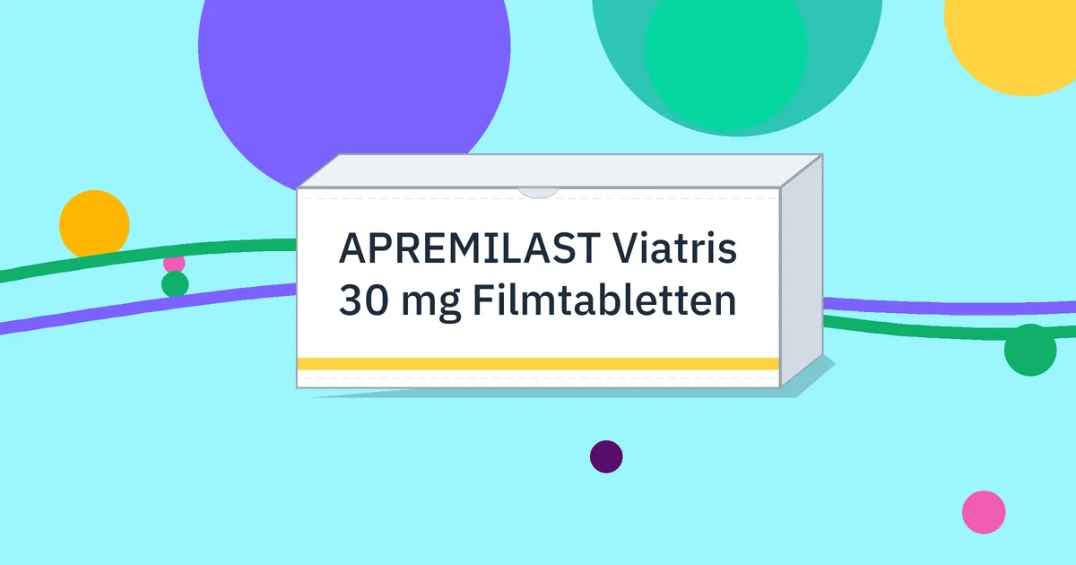 Symbolbild: Packung mit der Aufschrift APREMILAST Viatris 30 mg Filmtabletten (PZN 19995853) – Verfügbarkeit und Bezug in Apotheken in Frankfurt am Main