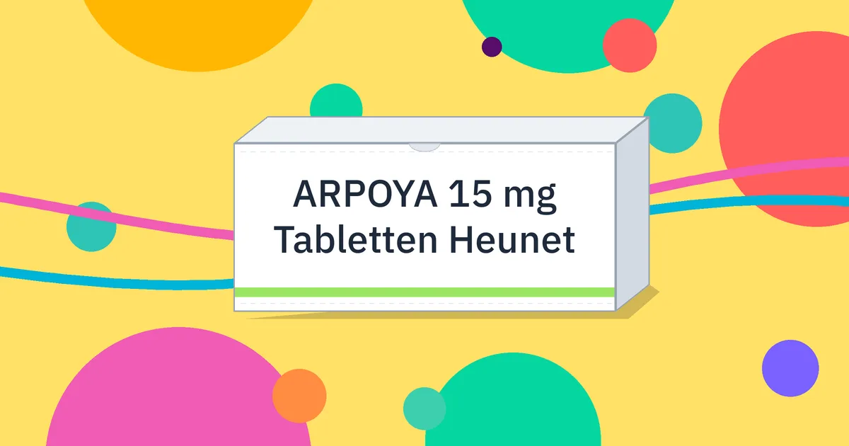 Symbolbild: Packung mit der Aufschrift ARPOYA 15 mg Tabletten Heunet (PZN 13876969) – Verfügbarkeit und Bezug in Apotheken in Frankfurt am Main
