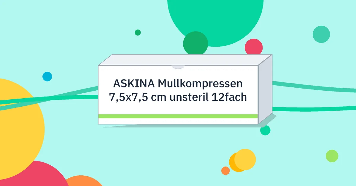 Symbolbild: Packung mit der Aufschrift ASKINA Mullkompressen 7,5x7,5 cm unsteril 12fach (PZN 06874562) – Verfügbarkeit und Bezug in Apotheken in Frankfurt am Main