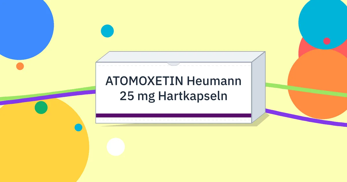 Symbolbild: Packung mit der Aufschrift ATOMOXETIN Heumann 25 mg Hartkapseln (PZN 14063926) – Verfügbarkeit und Bezug in Apotheken in Frankfurt am Main