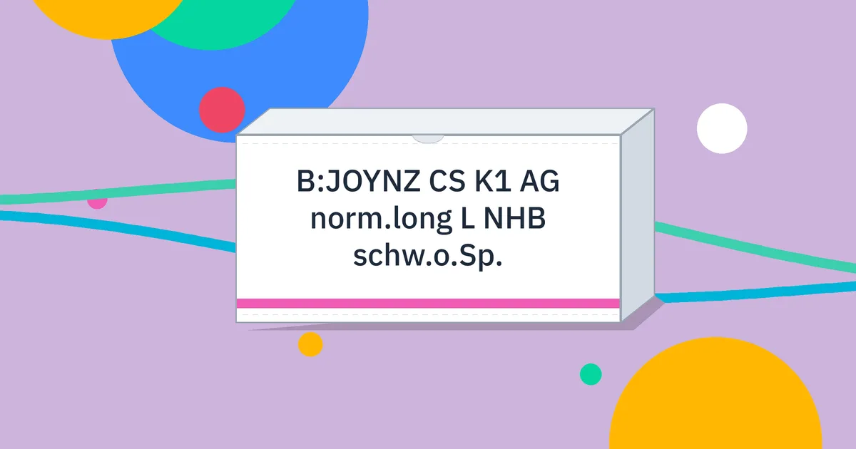 Symbolbild: Packung mit der Aufschrift B:JOYNZ CS K1 AG norm.long L NHB schw.o.Sp. (PZN 20534206) – Verfügbarkeit und Bezug in Apotheken in Frankfurt am Main