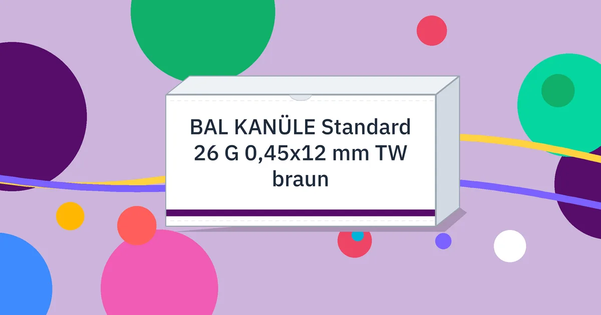 Symbolbild: Packung mit der Aufschrift BAL KANÜLE Standard 26 G 0,45x12 mm TW braun (PZN 19124265) – Verfügbarkeit und Bezug in Apotheken in Frankfurt am Main