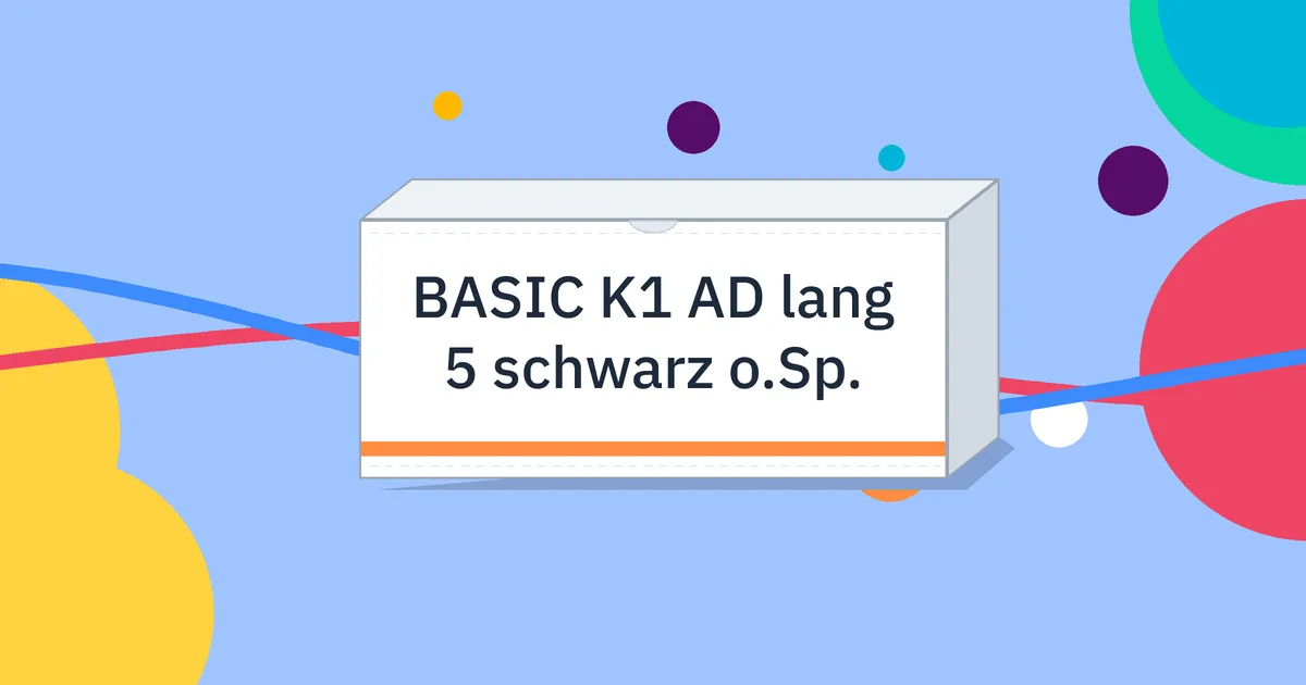 Symbolbild: Packung mit der Aufschrift BASIC K1 AD lang 5 schwarz o.Sp. (PZN 20258605) – Verfügbarkeit und Bezug in Apotheken in Frankfurt am Main