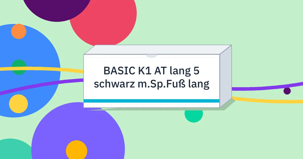 Symbolbild: Packung mit der Aufschrift BASIC K1 AT lang 5 schwarz m.Sp.Fuß lang (PZN 20262989) – Verfügbarkeit und Bezug in Apotheken in Frankfurt am Main