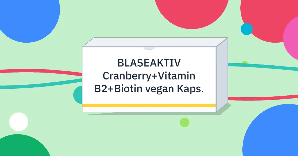 Symbolbild: Packung mit der Aufschrift BLASEAKTIV Cranberry+Vitamin B2+Biotin vegan Kaps. (PZN 18213328) – Verfügbarkeit und Bezug in Apotheken in Frankfurt am Main