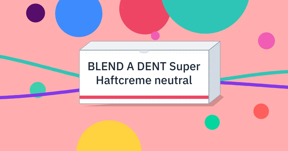 Symbolbild: Packung mit der Aufschrift BLEND A DENT Super Haftcreme neutral (PZN 00989382) – Verfügbarkeit und Bezug in Apotheken in Frankfurt am Main