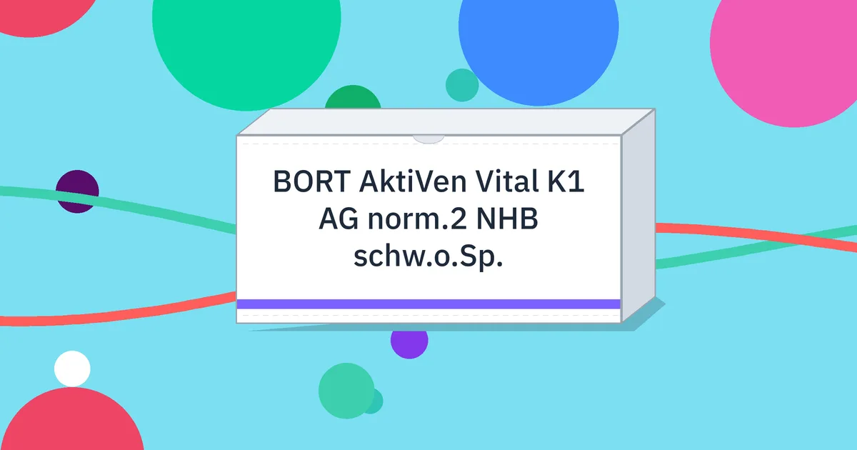 Symbolbild: Packung mit der Aufschrift BORT AktiVen Vital K1 AG norm.2 NHB schw.o.Sp. (PZN 13735513) – Verfügbarkeit und Bezug in Apotheken in Frankfurt am Main