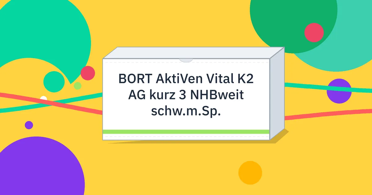 Symbolbild: Packung mit der Aufschrift BORT AktiVen Vital K2 AG kurz 3 NHBweit schw.m.Sp. (PZN 12385235) – Verfügbarkeit und Bezug in Apotheken in Frankfurt am Main