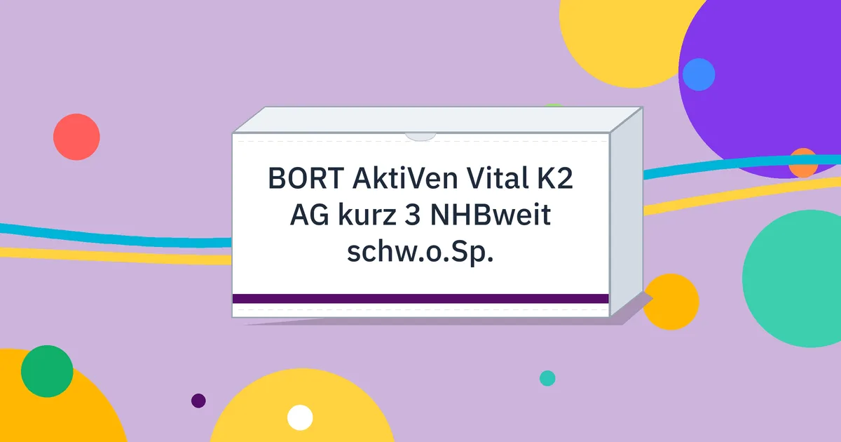 Symbolbild: Packung mit der Aufschrift BORT AktiVen Vital K2 AG kurz 3 NHBweit schw.o.Sp. (PZN 12384916) – Verfügbarkeit und Bezug in Apotheken in Frankfurt am Main