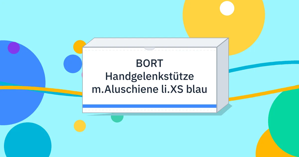 Symbolbild: Packung mit der Aufschrift BORT Handgelenkstütze m.Aluschiene li.XS blau (PZN 00945367) – Verfügbarkeit und Bezug in Apotheken in Frankfurt am Main