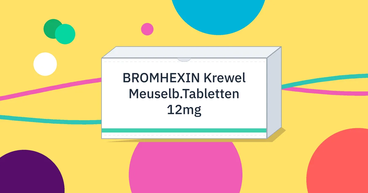 Symbolbild: Packung mit der Aufschrift BROMHEXIN Krewel Meuselb.Tabletten 12mg (PZN 02859413) – Verfügbarkeit und Bezug in Apotheken in Frankfurt am Main