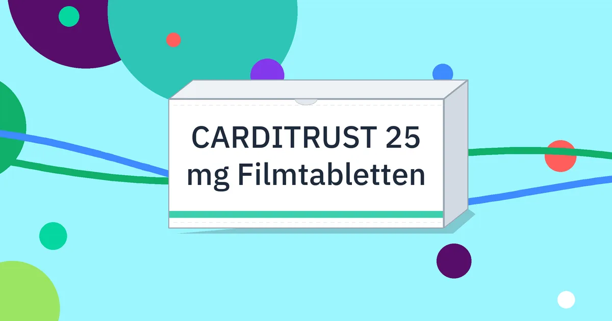 Symbolbild: Packung mit der Aufschrift CARDITRUST 25 mg Filmtabletten (PZN 19827831) – Verfügbarkeit und Bezug in Apotheken in Frankfurt am Main