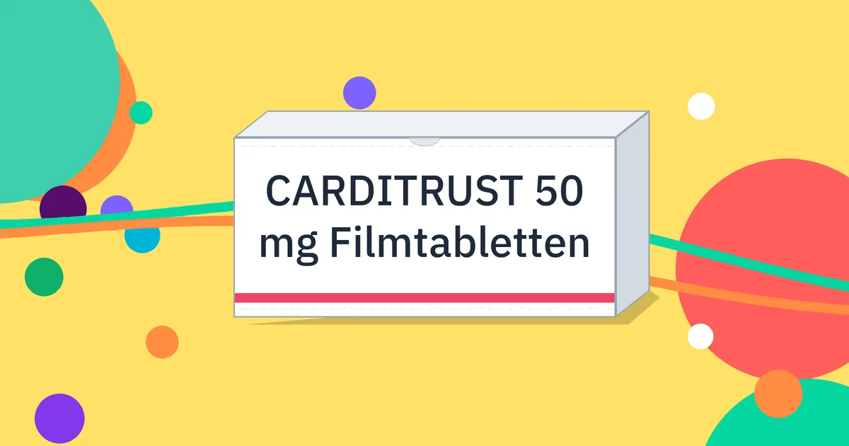 Symbolbild: Packung mit der Aufschrift CARDITRUST 50 mg Filmtabletten (PZN 19827883) – Verfügbarkeit und Bezug in Apotheken in Frankfurt am Main