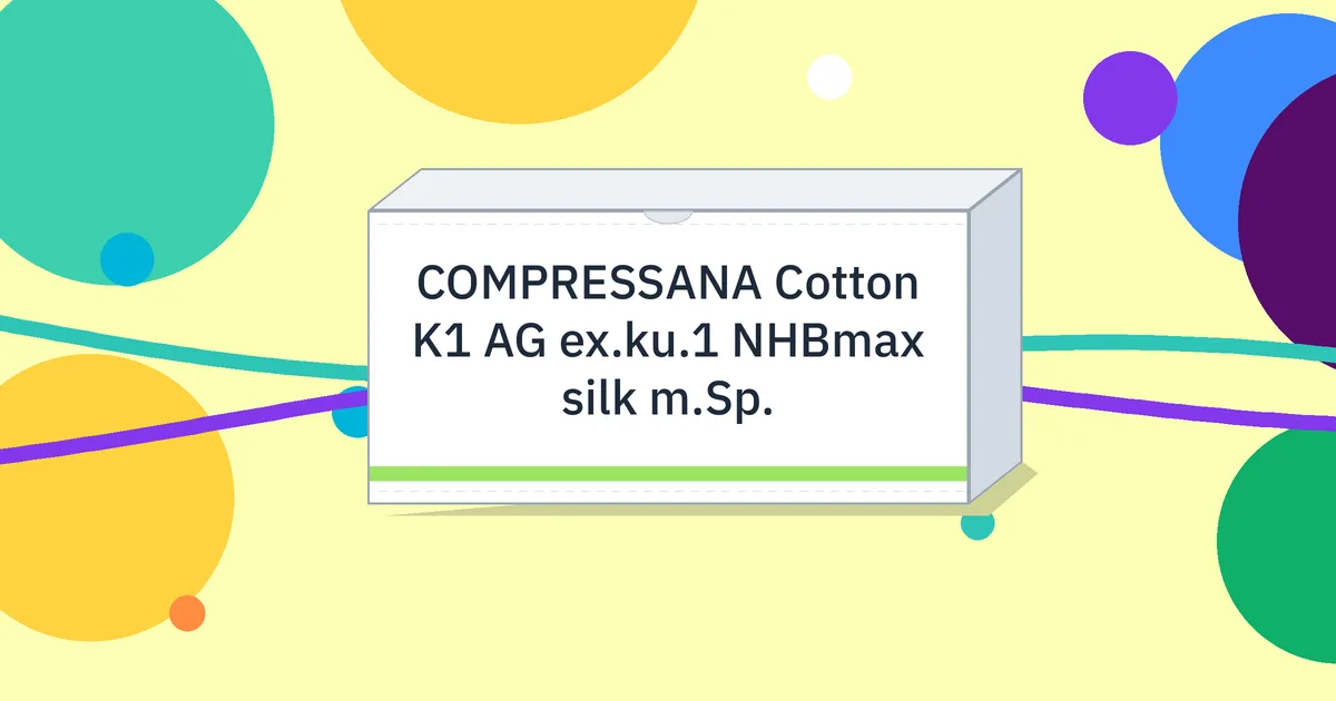Symbolbild: Packung mit der Aufschrift COMPRESSANA Cotton K1 AG ex.ku.1 NHBmax silk m.Sp. (PZN 11394947) – Verfügbarkeit und Bezug in Apotheken in Frankfurt am Main