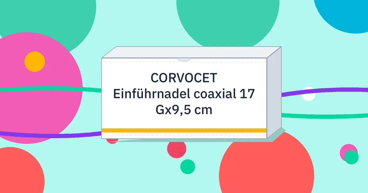 Symbolbild: Packung mit der Aufschrift CORVOCET Einführnadel coaxial 17 Gx9,5 cm (PZN 18764264) – Verfügbarkeit und Bezug in Apotheken in Frankfurt am Main