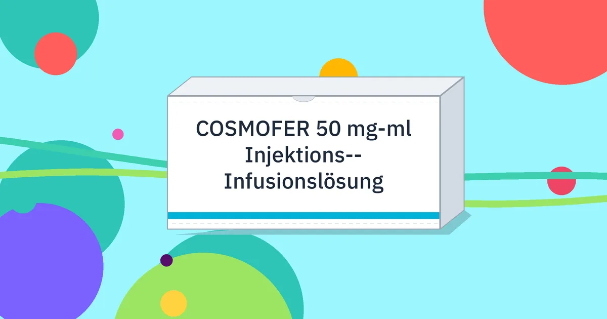 Symbolbild: Packung mit der Aufschrift COSMOFER 50 mg-ml Injektions--Infusionslösung (PZN 01839466) – Verfügbarkeit und Bezug in Apotheken in Frankfurt am Main