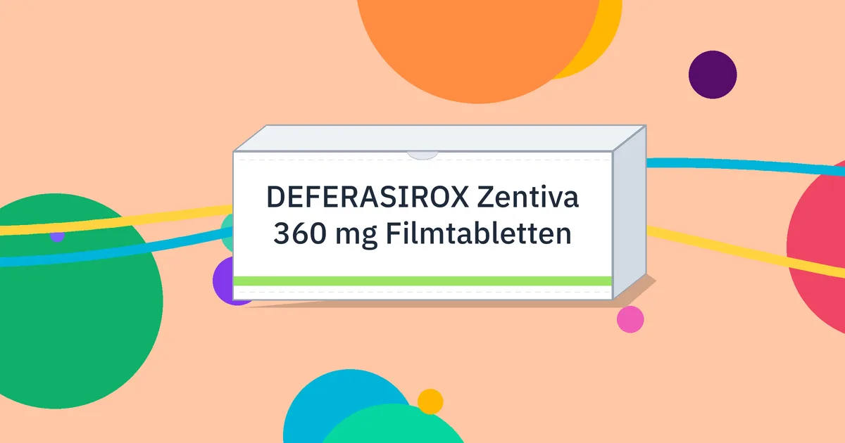 Symbolbild: Packung mit der Aufschrift DEFERASIROX Zentiva 360 mg Filmtabletten (PZN 17618543) – Verfügbarkeit und Bezug in Apotheken in Frankfurt am Main