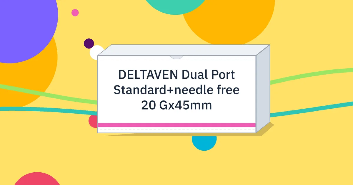 Symbolbild: Packung mit der Aufschrift DELTAVEN Dual Port Standard+needle free 20 Gx45mm (PZN 18873680) – Verfügbarkeit und Bezug in Apotheken in Frankfurt am Main