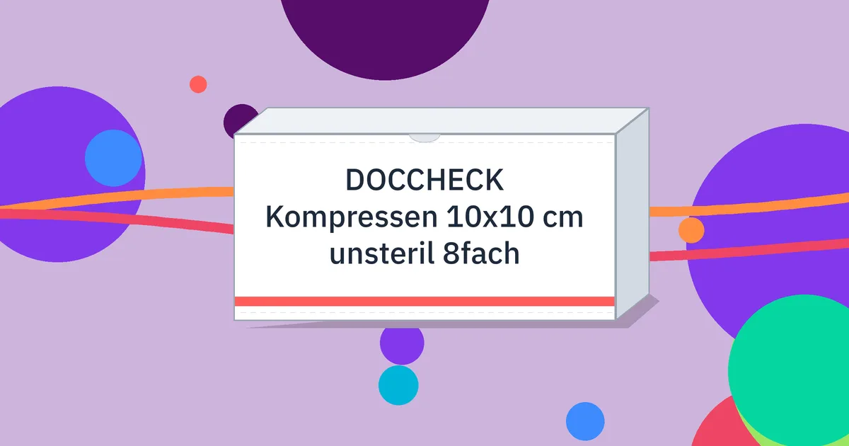 Symbolbild: Packung mit der Aufschrift DOCCHECK Kompressen 10x10 cm unsteril 8fach (PZN 09887654) – Verfügbarkeit und Bezug in Apotheken in Frankfurt am Main