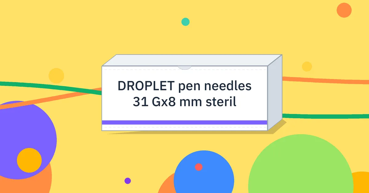 Symbolbild: Packung mit der Aufschrift DROPLET pen needles 31 Gx8 mm steril (PZN 19847472) – Verfügbarkeit und Bezug in Apotheken in Frankfurt am Main