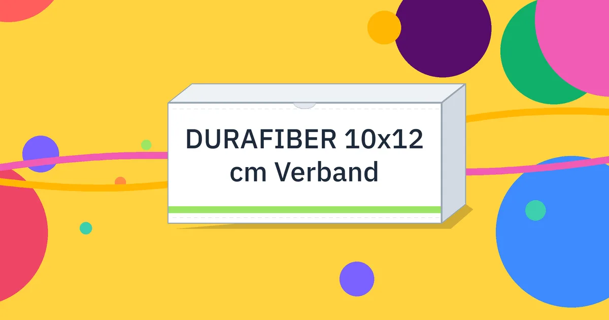 Symbolbild: Packung mit der Aufschrift DURAFIBER 10x12 cm Verband (PZN 06141055) – Verfügbarkeit und Bezug in Apotheken in Frankfurt am Main