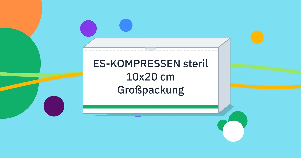 Symbolbild: Packung mit der Aufschrift ES-KOMPRESSEN steril 10x20 cm Großpackung (PZN 17215271) – Verfügbarkeit und Bezug in Apotheken in Frankfurt am Main