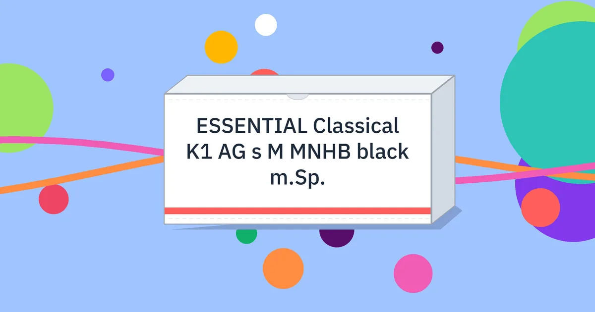 Symbolbild: Packung mit der Aufschrift ESSENTIAL Classical K1 AG s M MNHB black m.Sp. (PZN 19321190) – Verfügbarkeit und Bezug in Apotheken in Frankfurt am Main