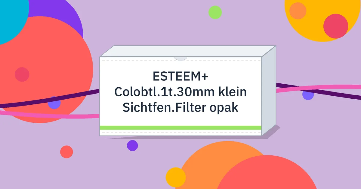 Symbolbild: Packung mit der Aufschrift ESTEEM+ Colobtl.1t.30mm klein Sichtfen.Filter opak (PZN 13507396) – Verfügbarkeit und Bezug in Apotheken in Frankfurt am Main