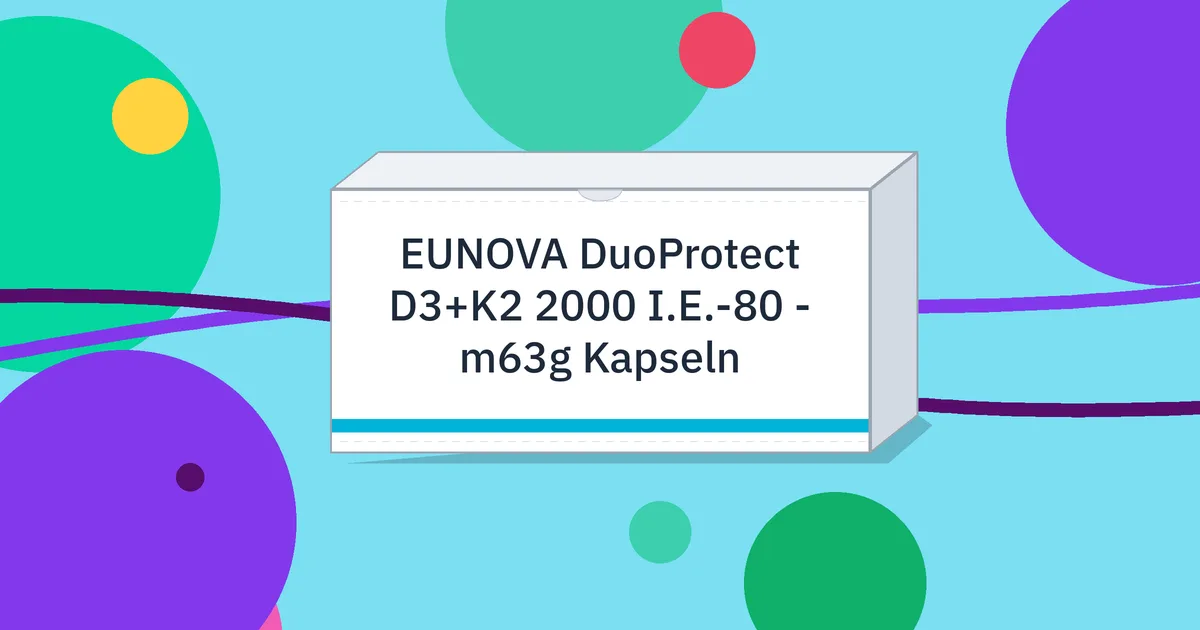 Symbolbild: Packung mit der Aufschrift EUNOVA DuoProtect D3+K2 2000 I.E.-80 -m63g Kapseln (PZN 14133532) – Verfügbarkeit und Bezug in Apotheken in Frankfurt am Main