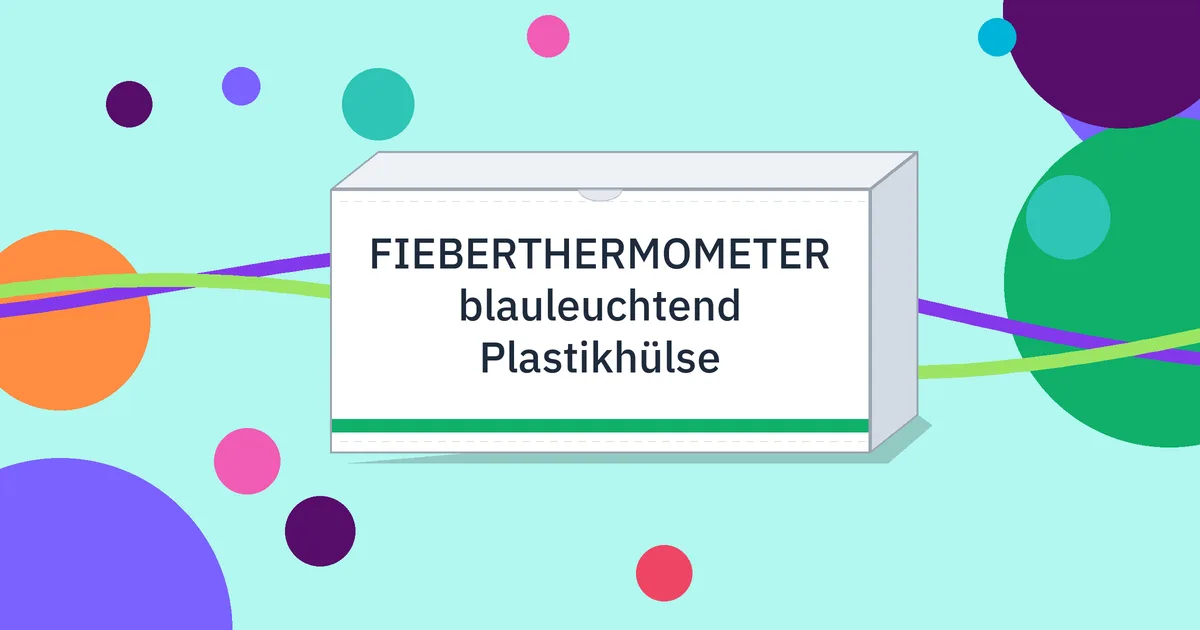 Symbolbild: Packung mit der Aufschrift FIEBERTHERMOMETER blauleuchtend Plastikhülse (PZN 01739629) – Verfügbarkeit und Bezug in Apotheken in Frankfurt am Main