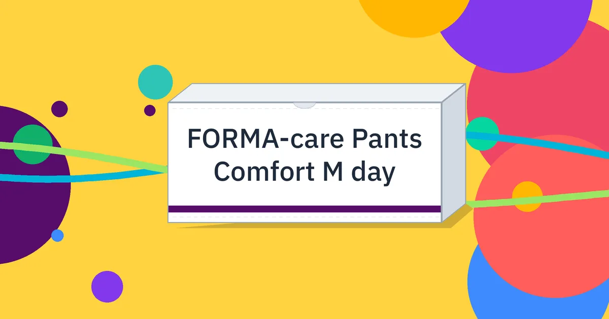 Symbolbild: Packung mit der Aufschrift FORMA-care Pants Comfort M day (PZN 19188609) – Verfügbarkeit und Bezug in Apotheken in Frankfurt am Main