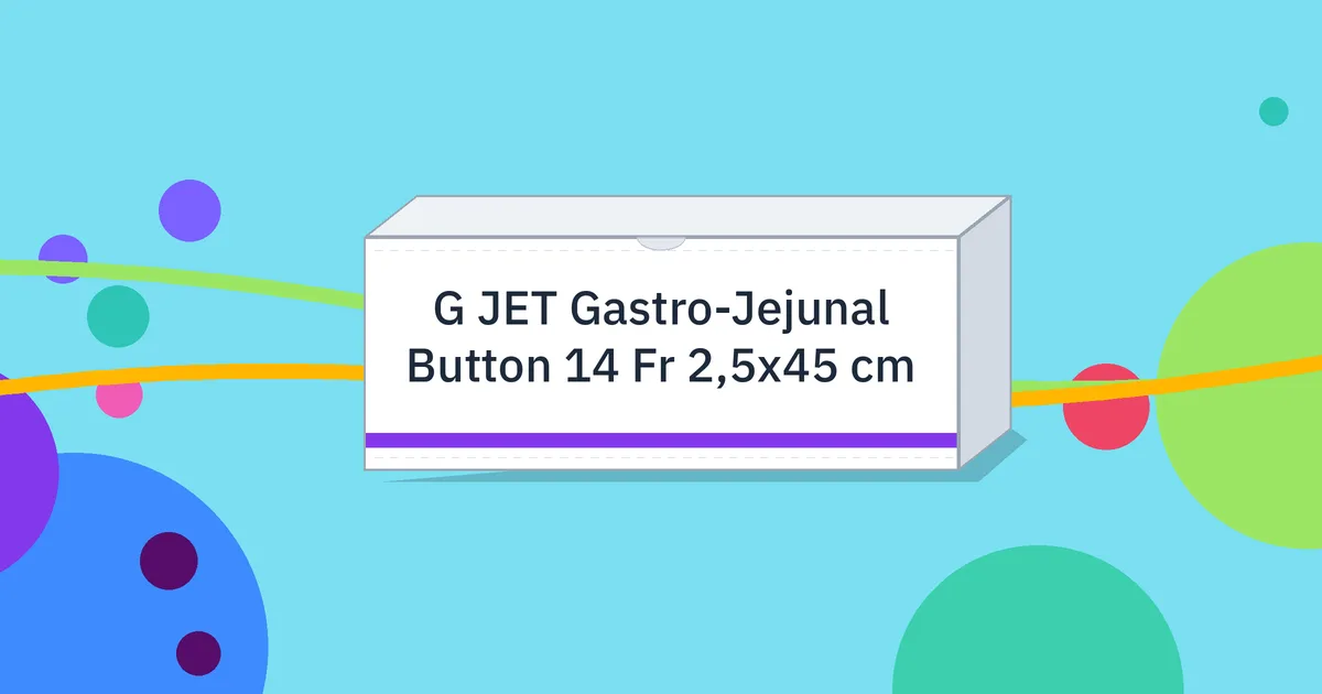 Symbolbild: Packung mit der Aufschrift G JET Gastro-Jejunal Button 14 Fr 2,5x45 cm (PZN 14346570) – Verfügbarkeit und Bezug in Apotheken in Frankfurt am Main
