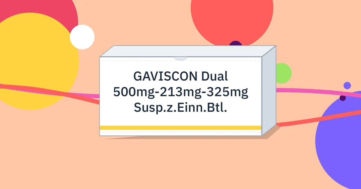 Symbolbild: Packung mit der Aufschrift GAVISCON Dual 500mg-213mg-325mg Susp.z.Einn.Btl. (PZN 04363828) – Verfügbarkeit und Bezug in Apotheken in Frankfurt am Main
