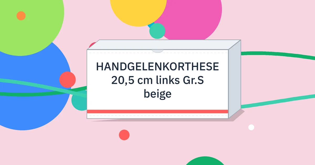 Symbolbild: Packung mit der Aufschrift HANDGELENKORTHESE 20,5 cm links Gr.S beige (PZN 03387436) – Verfügbarkeit und Bezug in Apotheken in Frankfurt am Main