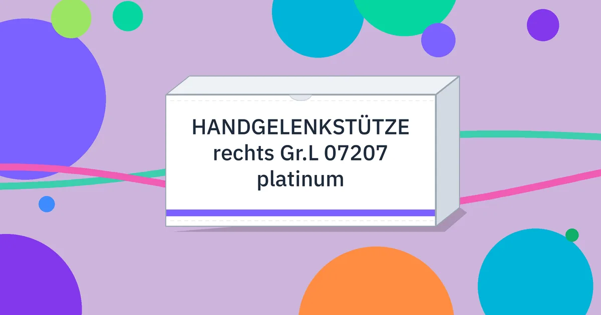Symbolbild: Packung mit der Aufschrift HANDGELENKSTÜTZE rechts Gr.L 07207 platinum (PZN 19450786) – Verfügbarkeit und Bezug in Apotheken in Frankfurt am Main