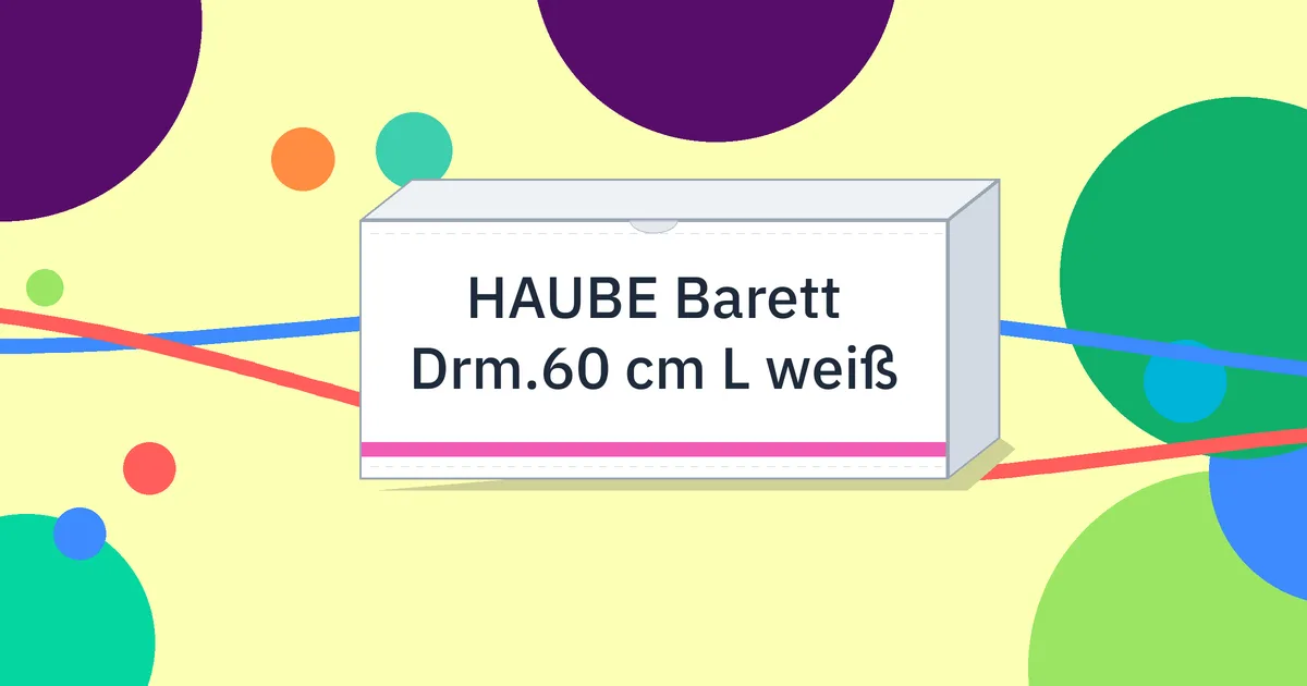 Symbolbild: Packung mit der Aufschrift HAUBE Barett Drm.60 cm L weiß (PZN 01468202) – Verfügbarkeit und Bezug in Apotheken in Frankfurt am Main