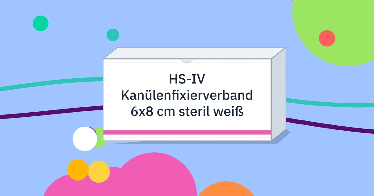 Symbolbild: Packung mit der Aufschrift HS-IV Kanülenfixierverband 6x8 cm steril weiß (PZN 19900462) – Verfügbarkeit und Bezug in Apotheken in Frankfurt am Main