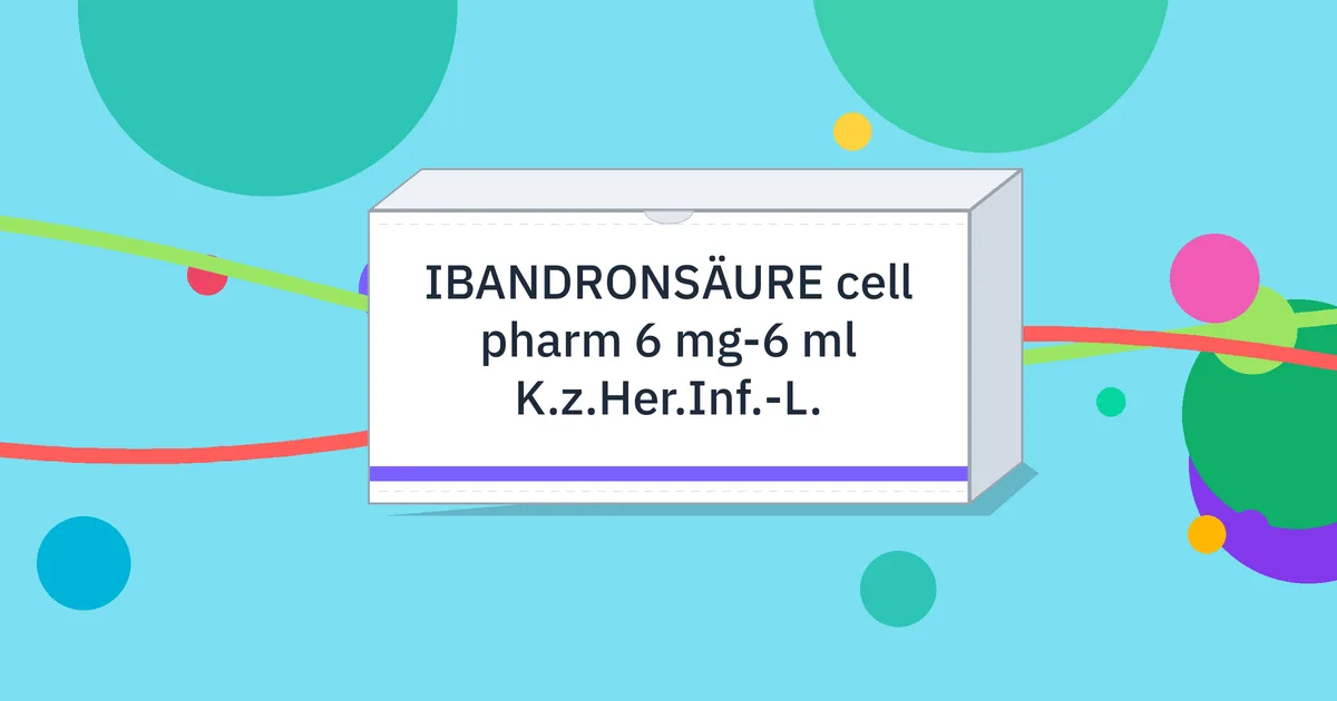 Symbolbild: Packung mit der Aufschrift IBANDRONSÄURE cell pharm 6 mg-6 ml K.z.Her.Inf.-L. (PZN 09513511) – Verfügbarkeit und Bezug in Apotheken in Frankfurt am Main