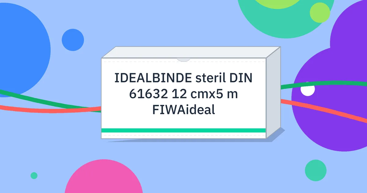 Symbolbild: Packung mit der Aufschrift IDEALBINDE steril DIN 61632 12 cmx5 m FIWAideal (PZN 11860154) – Verfügbarkeit und Bezug in Apotheken in Frankfurt am Main