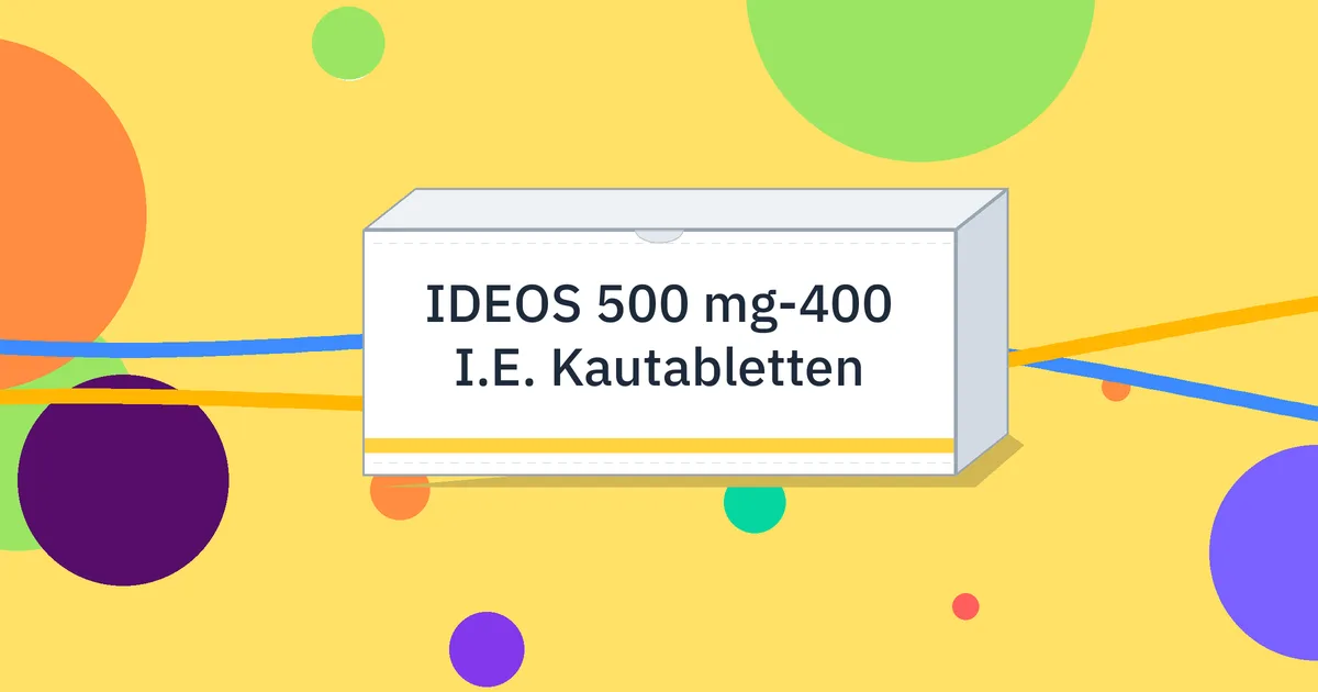 Symbolbild: Packung mit der Aufschrift IDEOS 500 mg-400 I.E. Kautabletten (PZN 11103789) – Verfügbarkeit und Bezug in Apotheken in Frankfurt am Main