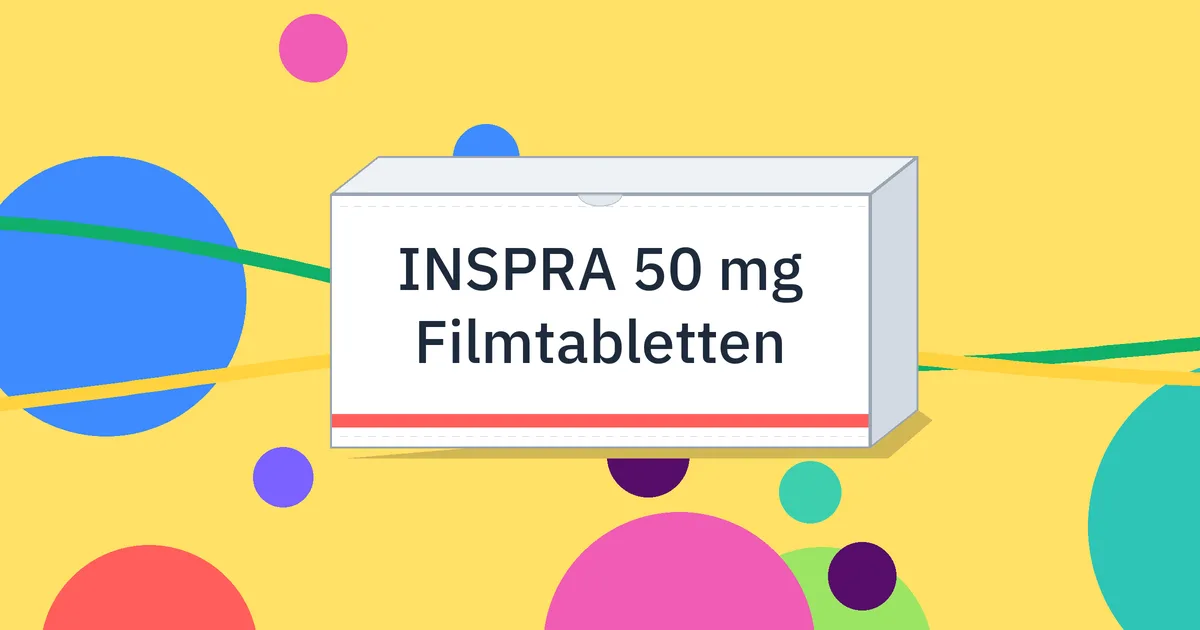 Symbolbild: Packung mit der Aufschrift INSPRA 50 mg Filmtabletten (PZN 00136946) – Verfügbarkeit und Bezug in Apotheken in Frankfurt am Main
