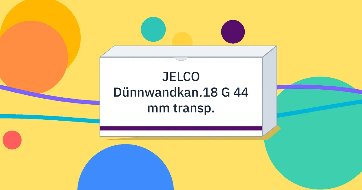 Symbolbild: Packung mit der Aufschrift JELCO Dünnwandkan.18 G 44 mm transp. (PZN 09106332) – Verfügbarkeit und Bezug in Apotheken in Frankfurt am Main