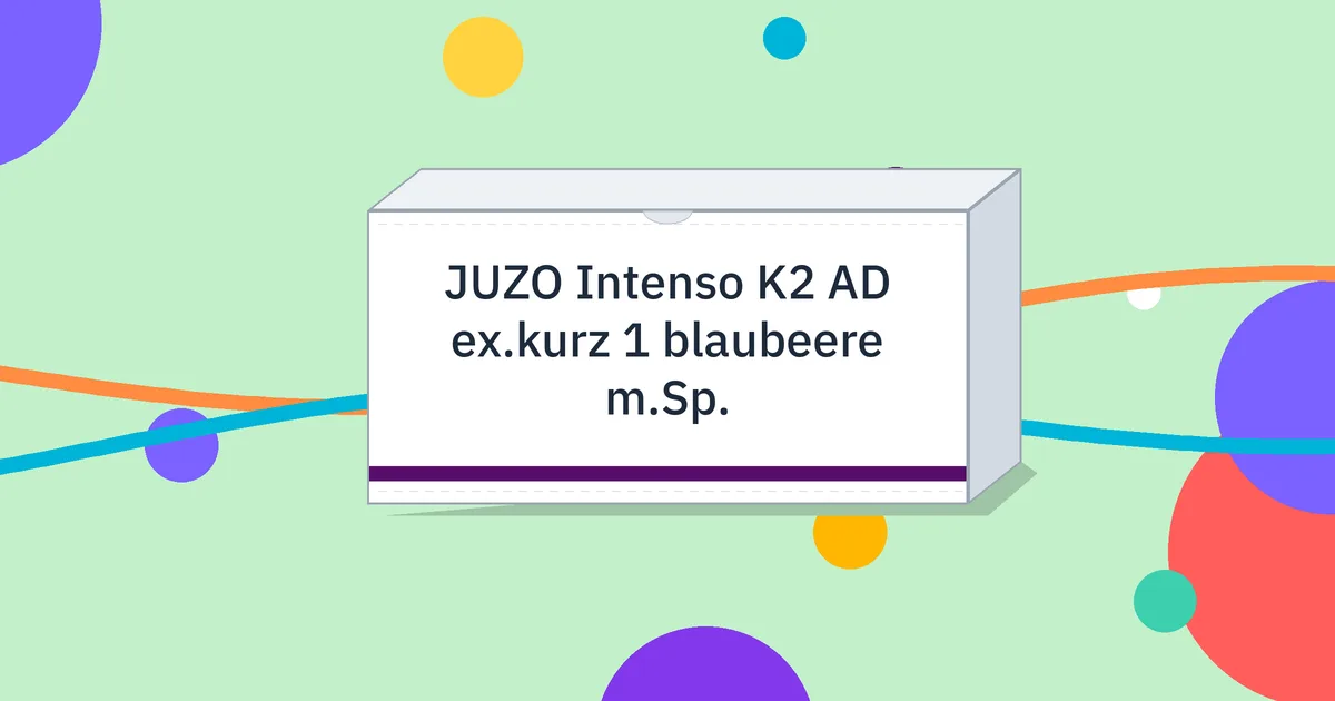Symbolbild: Packung mit der Aufschrift JUZO Intenso K2 AD ex.kurz 1 blaubeere m.Sp. (PZN 18608096) – Verfügbarkeit und Bezug in Apotheken in Frankfurt am Main